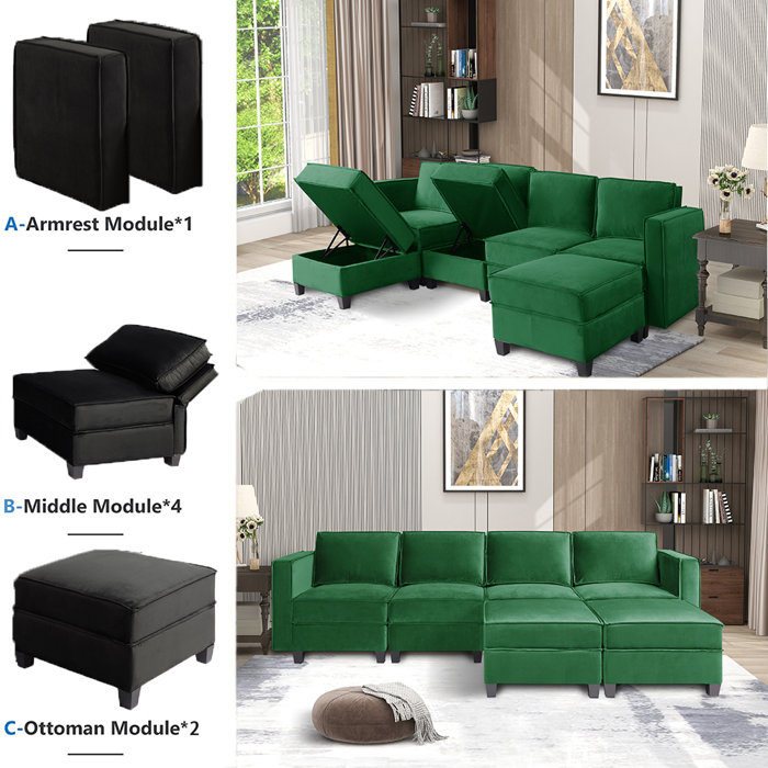 Ebern Designs Malayiah 114" Wide Velvet Symmetrical Modular Seating Component with Ottoman | Wayfair